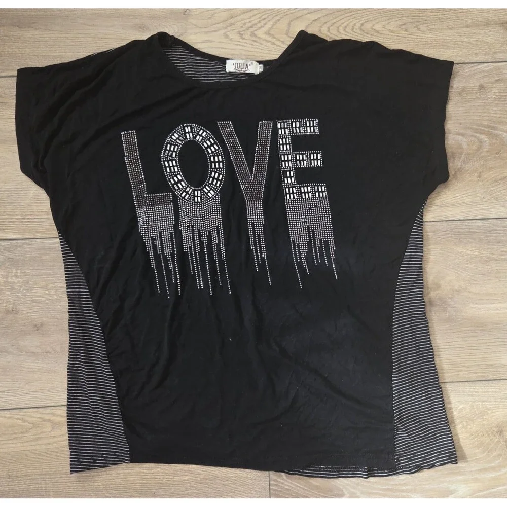 Julia | Tops | Julia Black Blouse With Silver Rhinestoned Letter | Poshmark